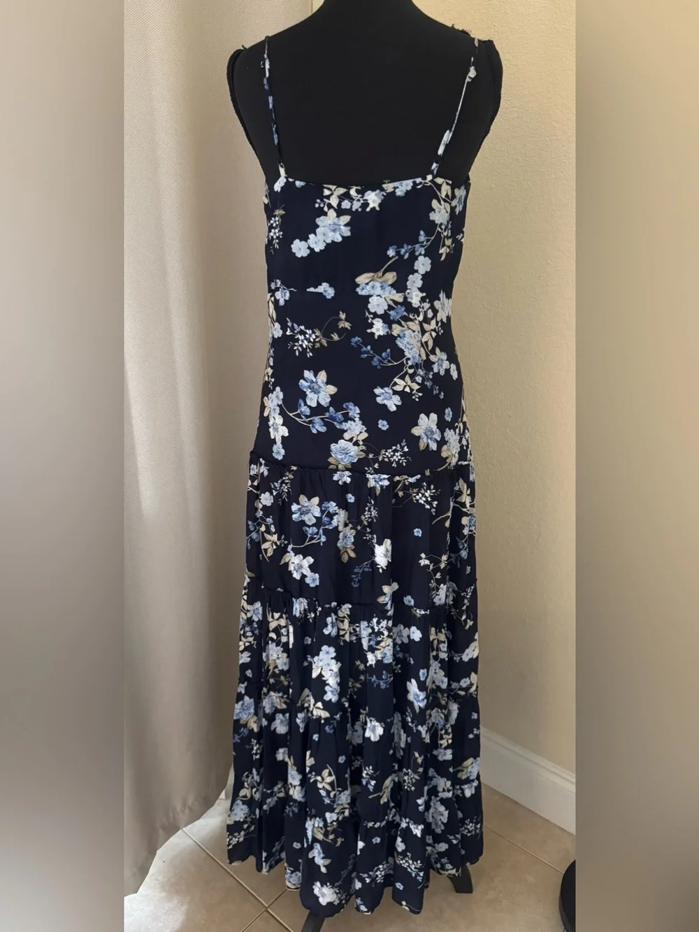 Wayf | Dresses | Wayf Floral Maxi Dress Navy Blue Tiered Slip Dress ...